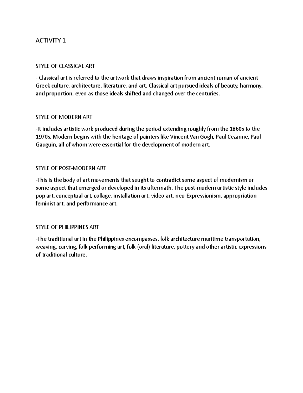 Activity 1 ART APP - AHAH - ACTIVITY 1 STYLE OF CLASSICAL ART Classical ...