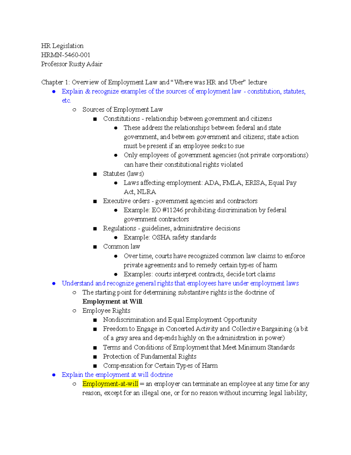 Exam 1 Study Guide - HR Legislation HRMN-5460- Professor Rusty Adair ...