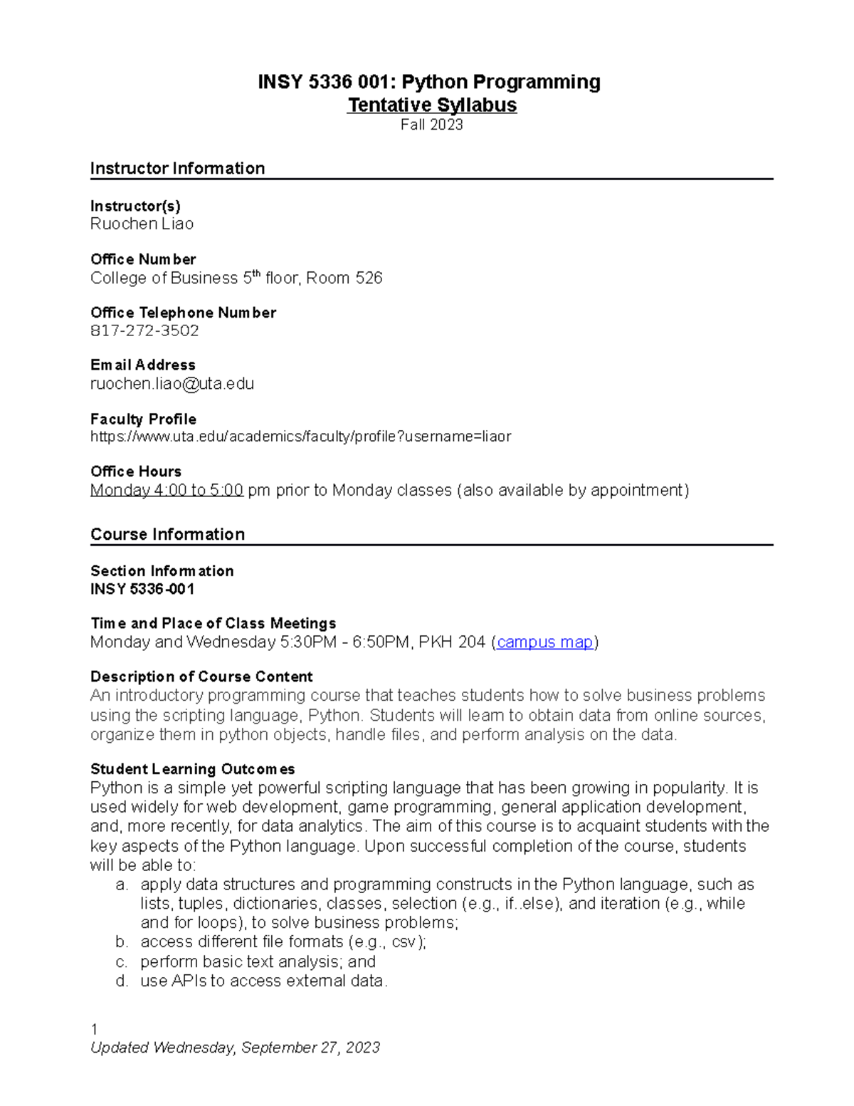 Insy 5336 001 Syllabus Insy 5336 001 Python Programming Tentative Syllabus Fall 2023 