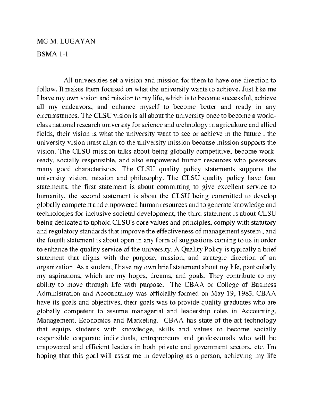 Reflection Paper about CLSU - MG M. LUGAYAN BSMA 1- All universities ...
