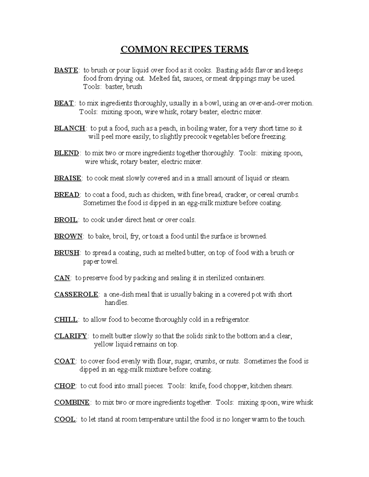 Common Recipes Terms - COMMON RECIPES TERMS BASTE: to brush or pour ...