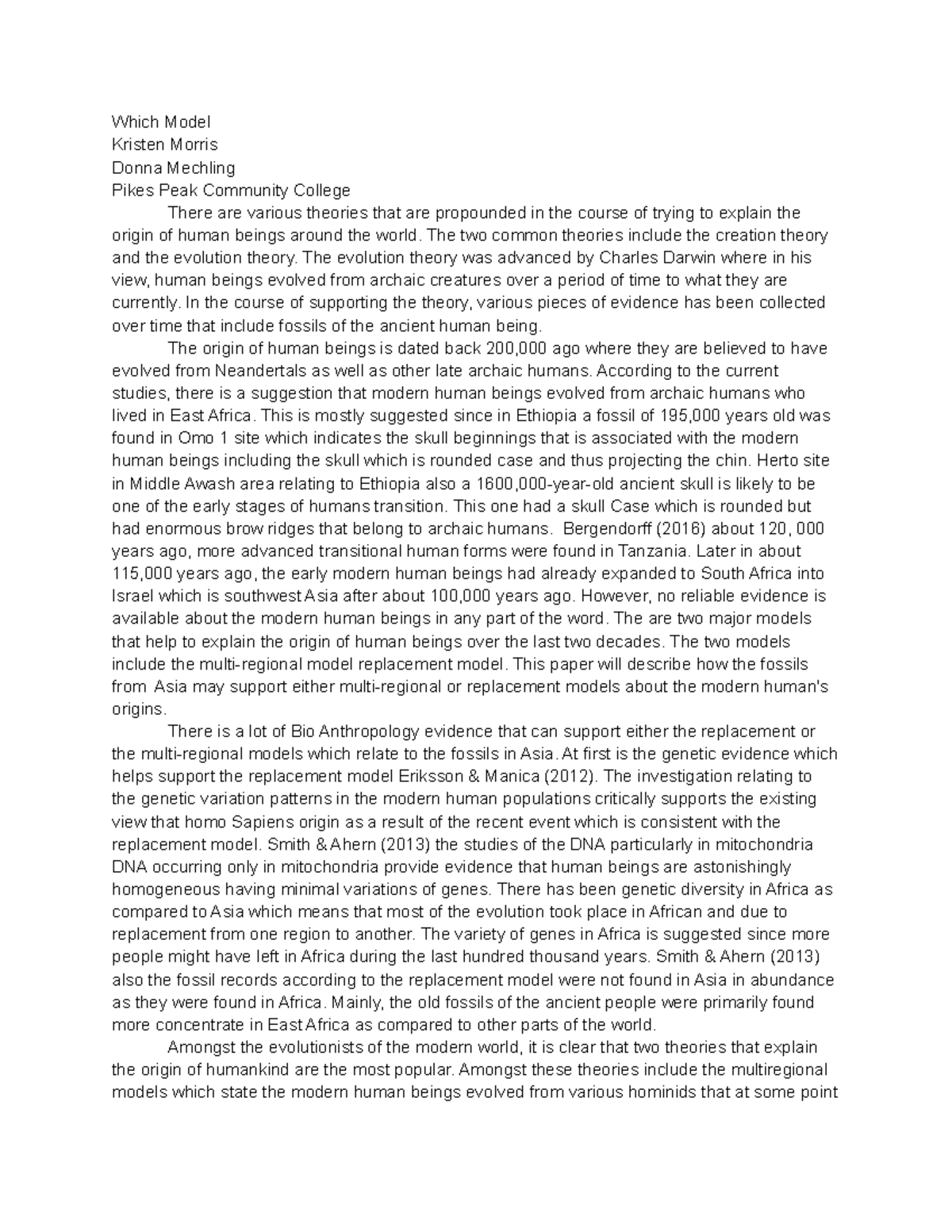 ANT 111 Bio Anthro Paper - Which Model Kristen Morris Donna Mechling ...