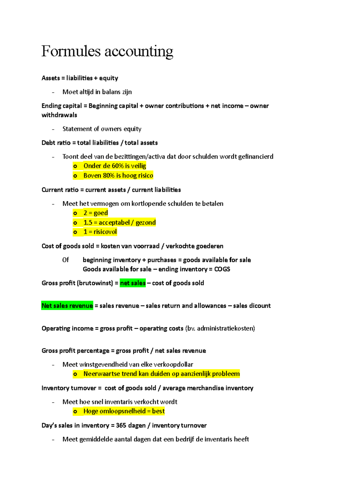 Formule blad van de formules accounting - Accounting - Radboud ...