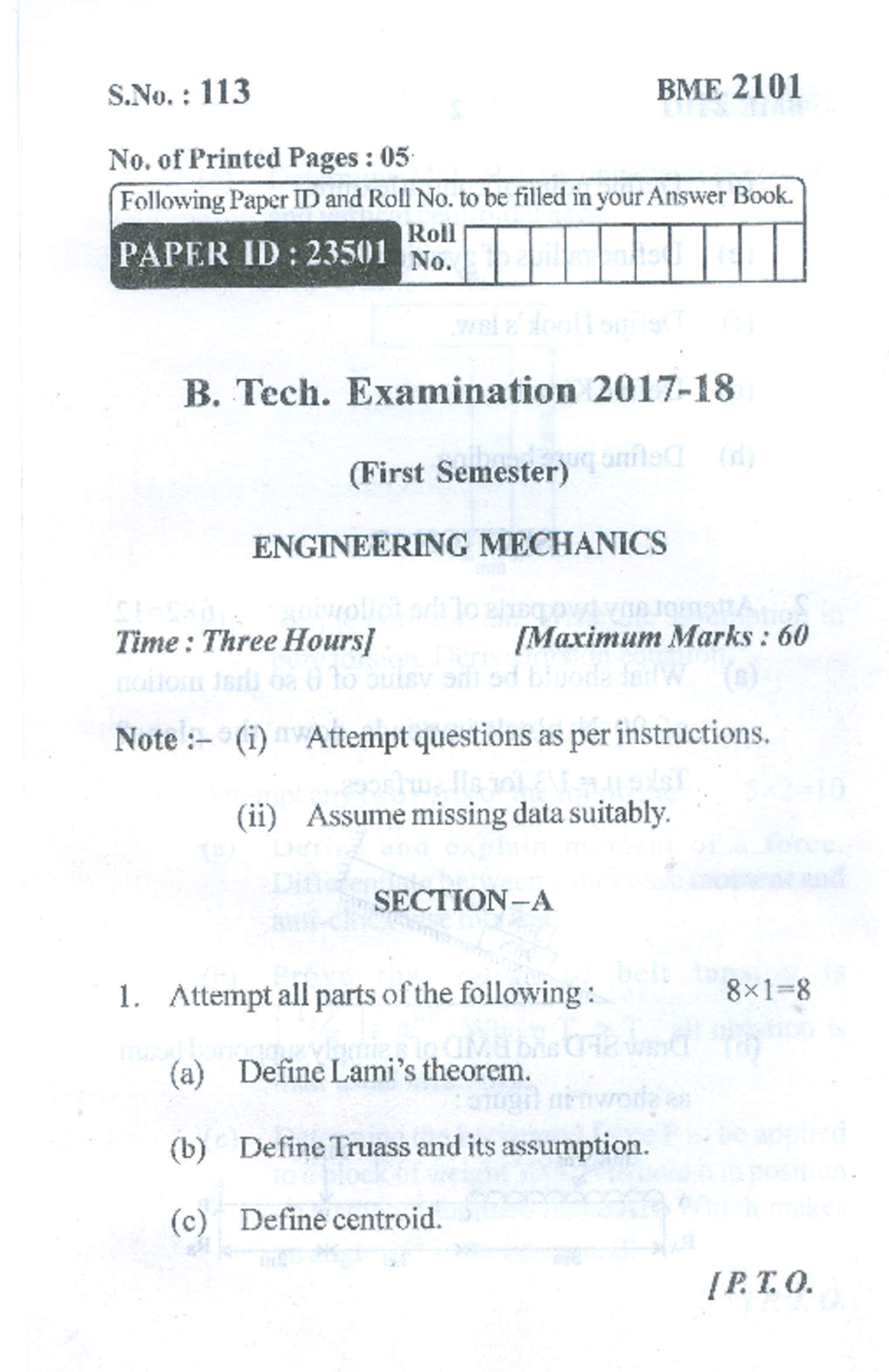 Enggmechpaper 2 - question paper - Engineering Mechanics - Studocu