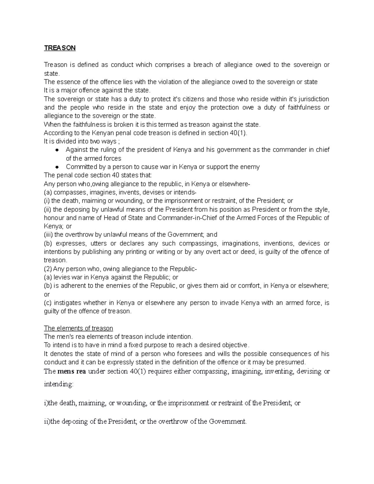 Treason - Best summarised notes - TREASON Treason is defined as conduct ...