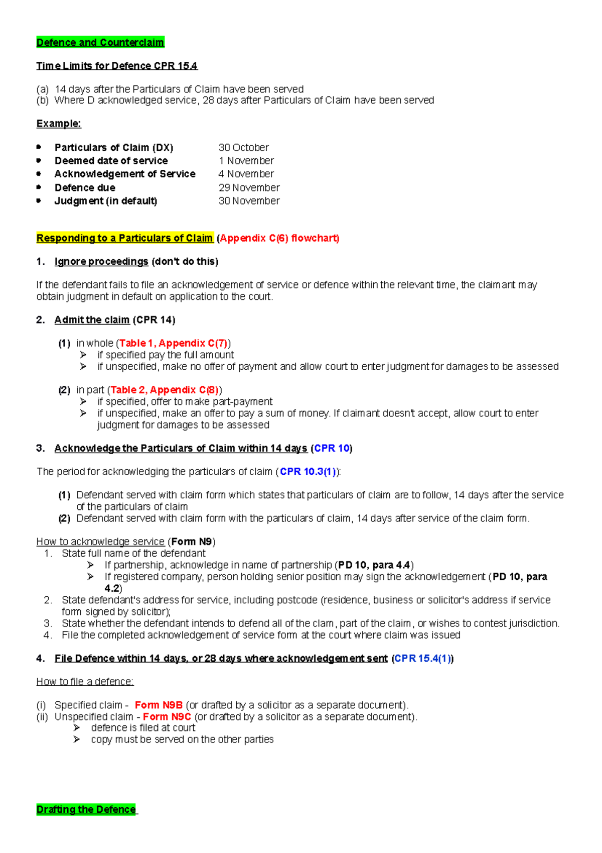 13. Defence and Counterclaim - Defence and Counterclaim Time Limits for ...