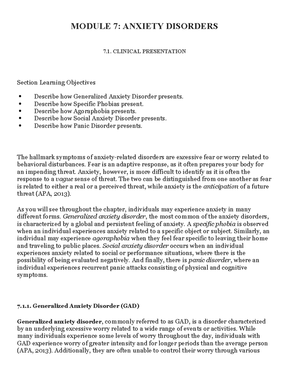 Module 7 Anxiety Disorders - MODULE 7: ANXIETY DISORDERS 7. CLINICAL ...