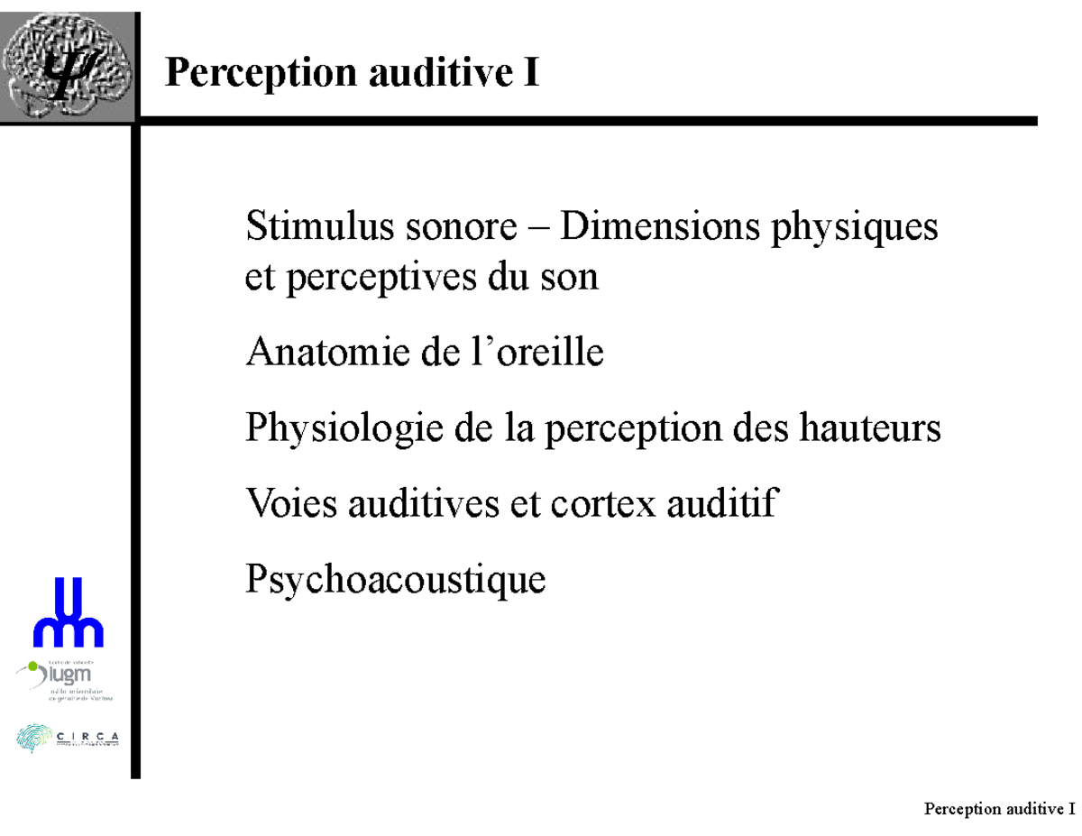 C10-Audition 1 - Résumé Psychologie de la perception - Y Stimulus sonore – Dimensions physiques ...