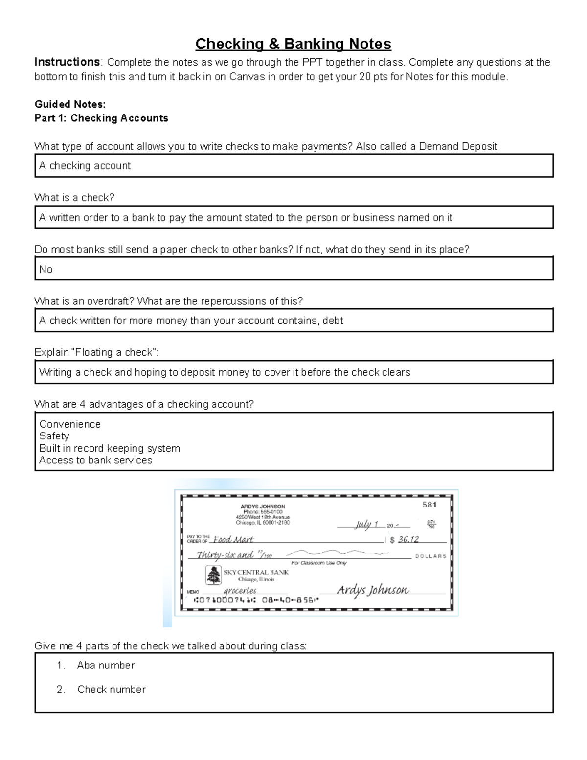 Copy of Copy of Checking Banking Guided notes - Instructions: Complete ...