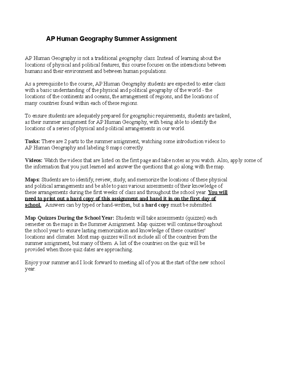 AP Human Geography summer assignment - Instead of learning about the ...