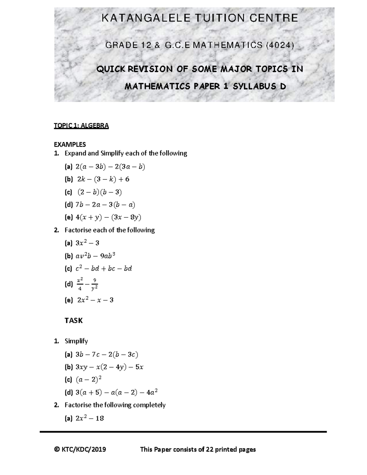 Quick Revision for Major Topics in Maths Paper 1 - © KTC/KDC/2019 This ...