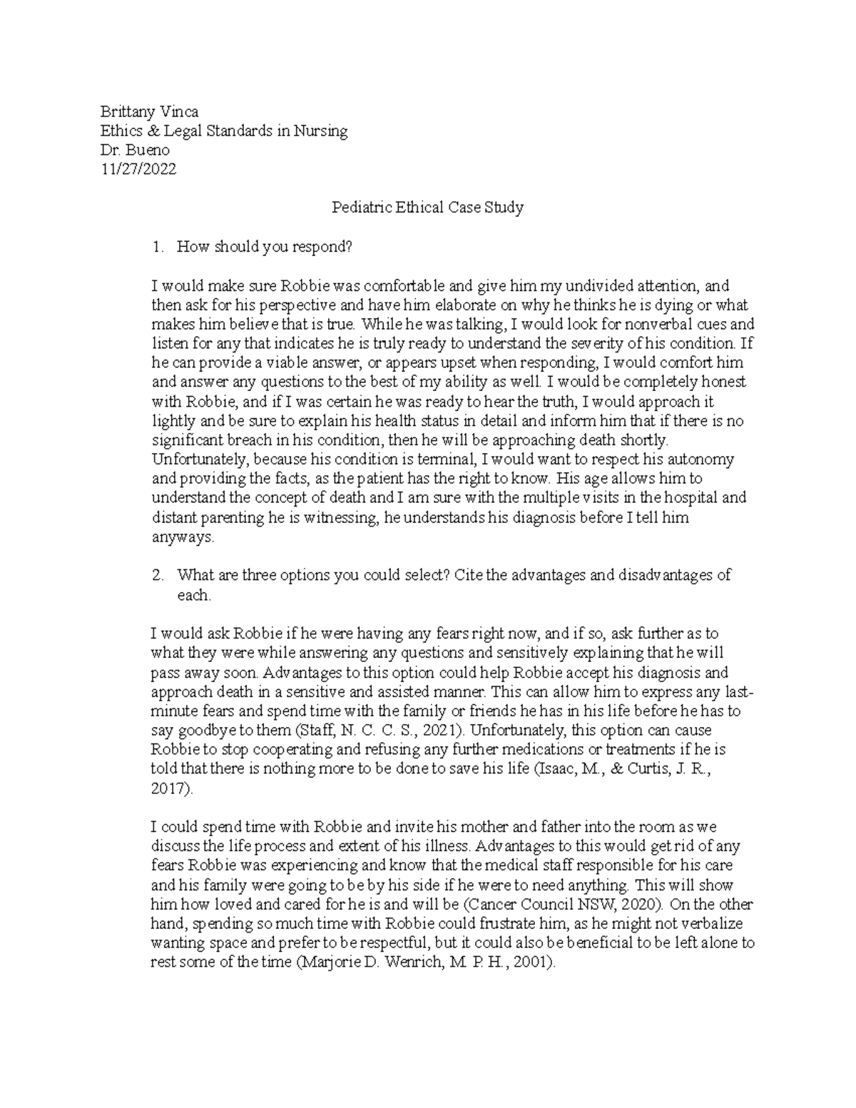 Pediatric Case Study - Professor Bueno - Brittany Vinca Ethics & Legal ...