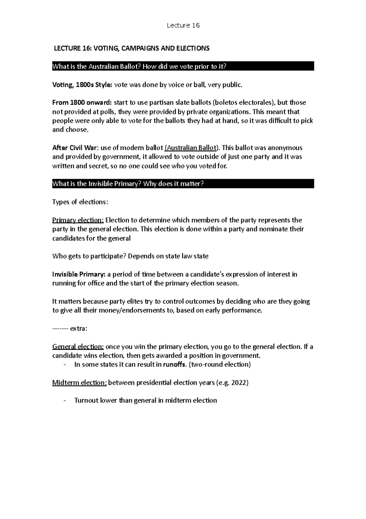 Lecture 16 - exam notes for chapter 16 - LECTURE 16: VOTING, CAMPAIGNS ...