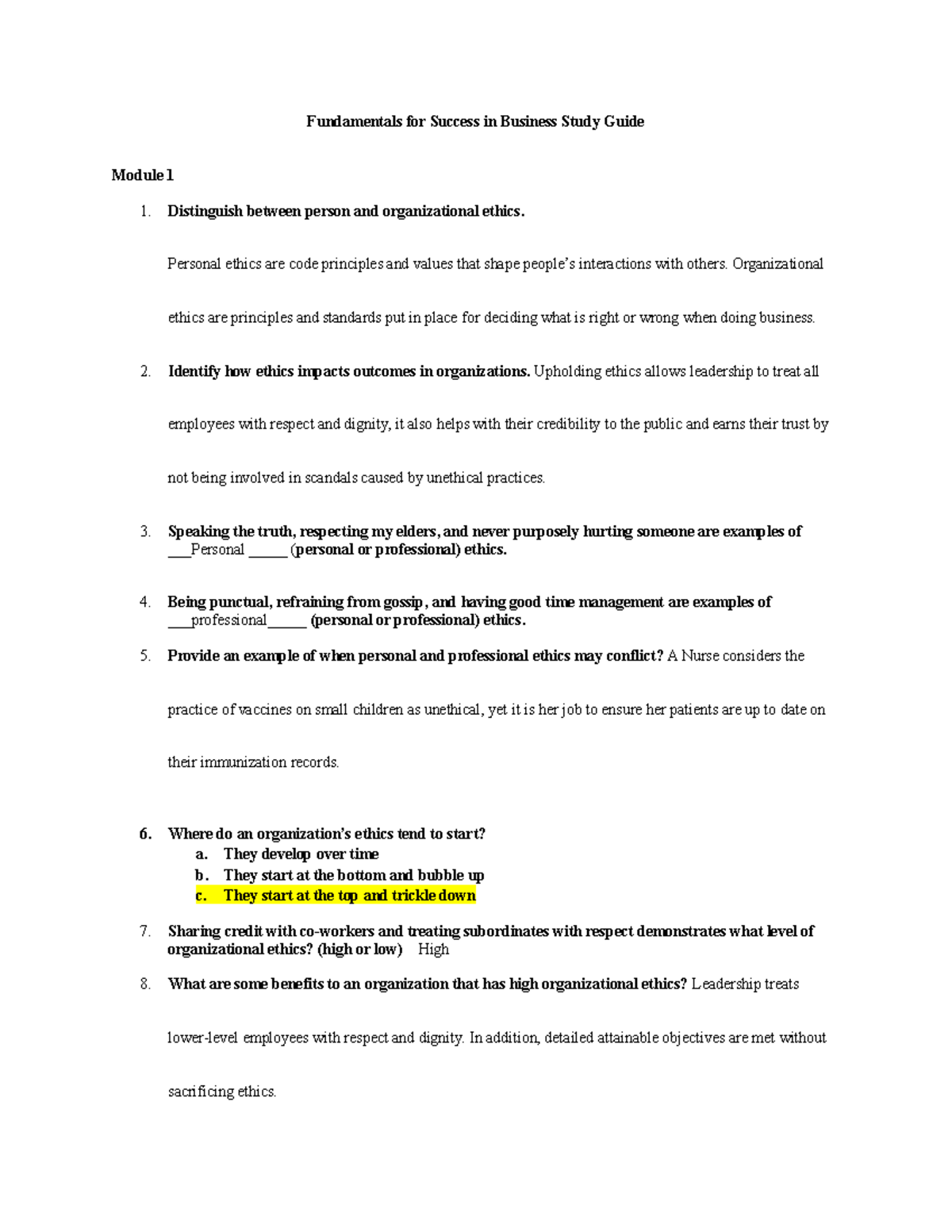 Fundamentals for Success in Business Study Guide 1 - Personal ethics ...