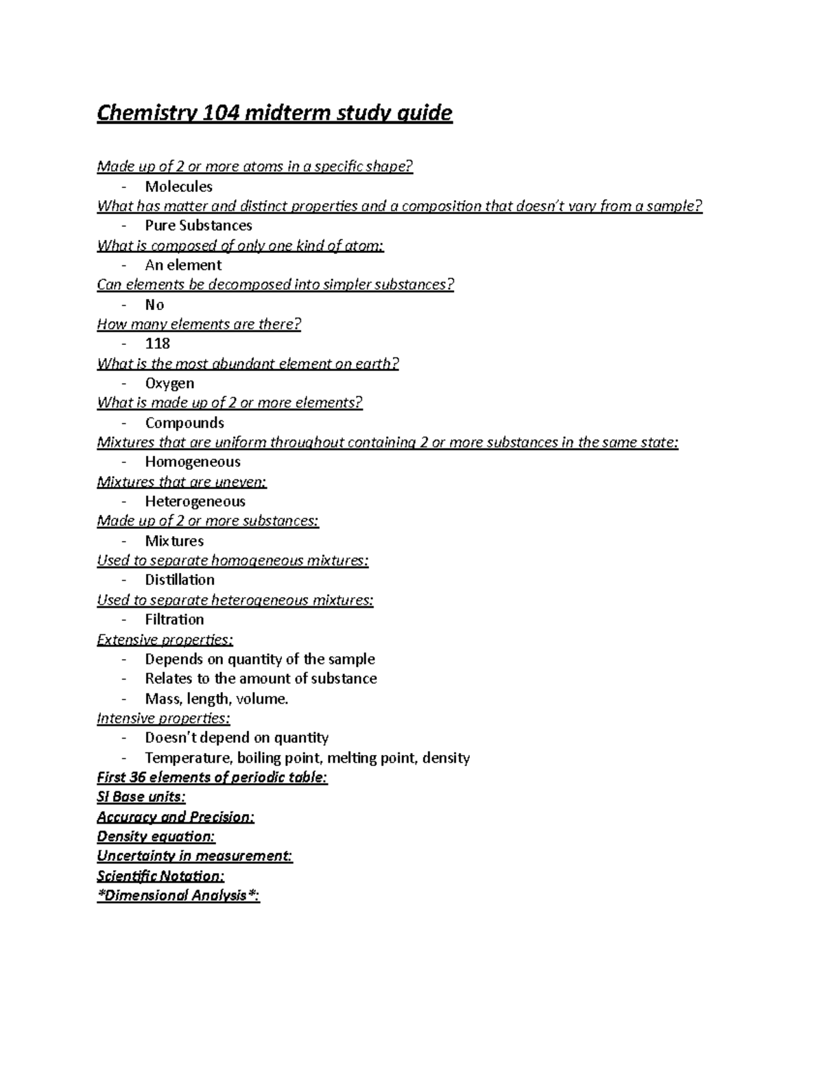Chemistry 104 midterm study guide - Chemistry 104 midterm study guide ...