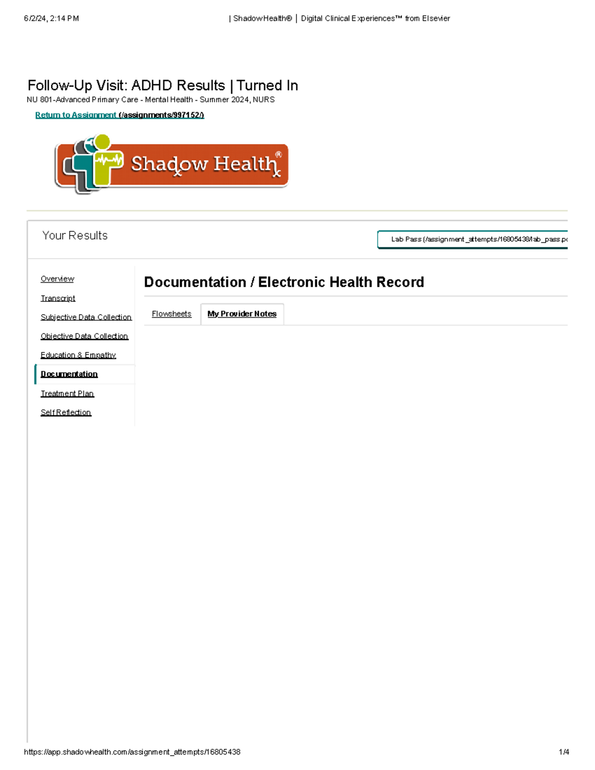 Shadow Health - ADHD-Documentation - Follow-Up Visit: ADHD Results | Turned In NU 801-Advanced ...