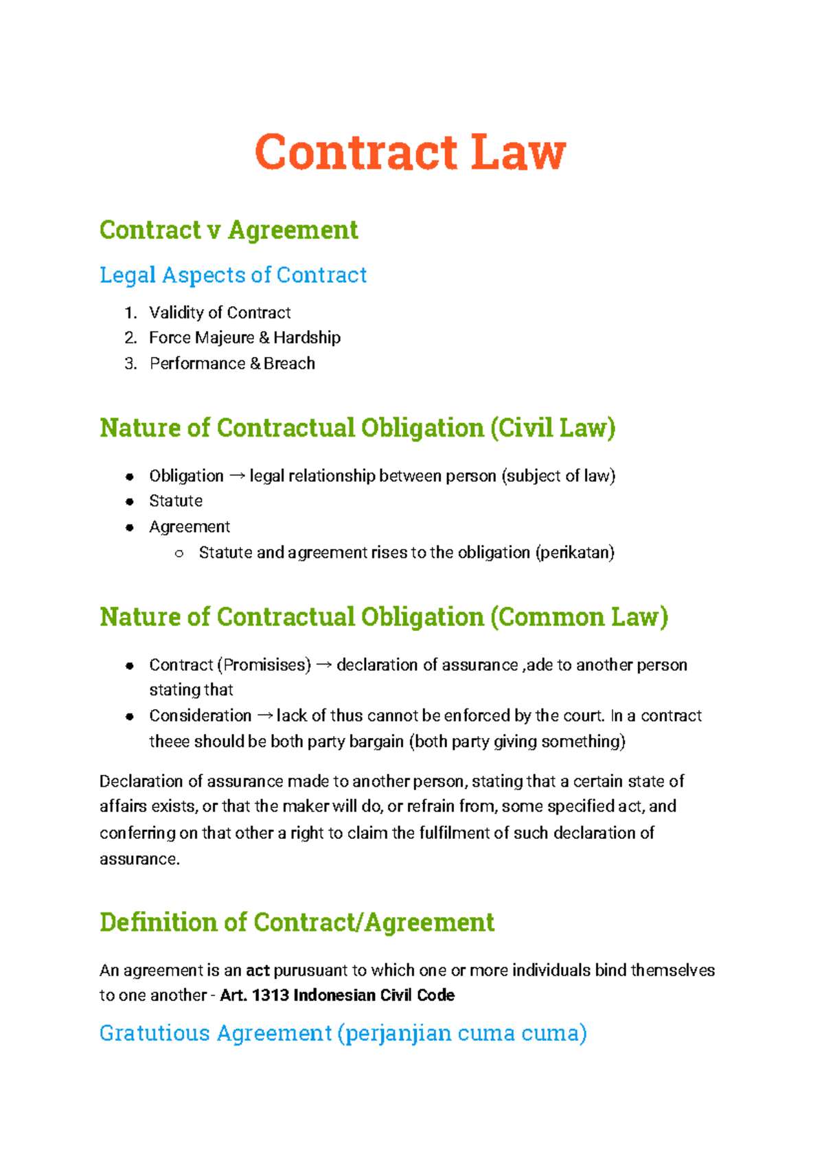 Contract Law Summary - Contract Law Contract v Agreement Legal Aspects ...