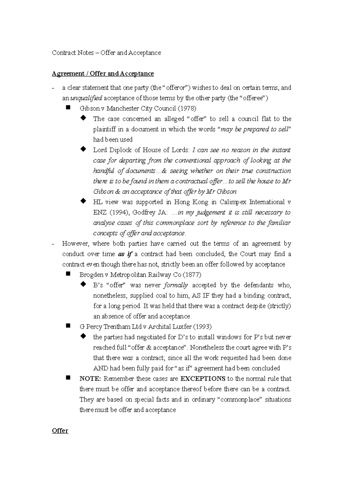 Contract Notes - Offer and Acceptance - Contract Notes – Offer and ...