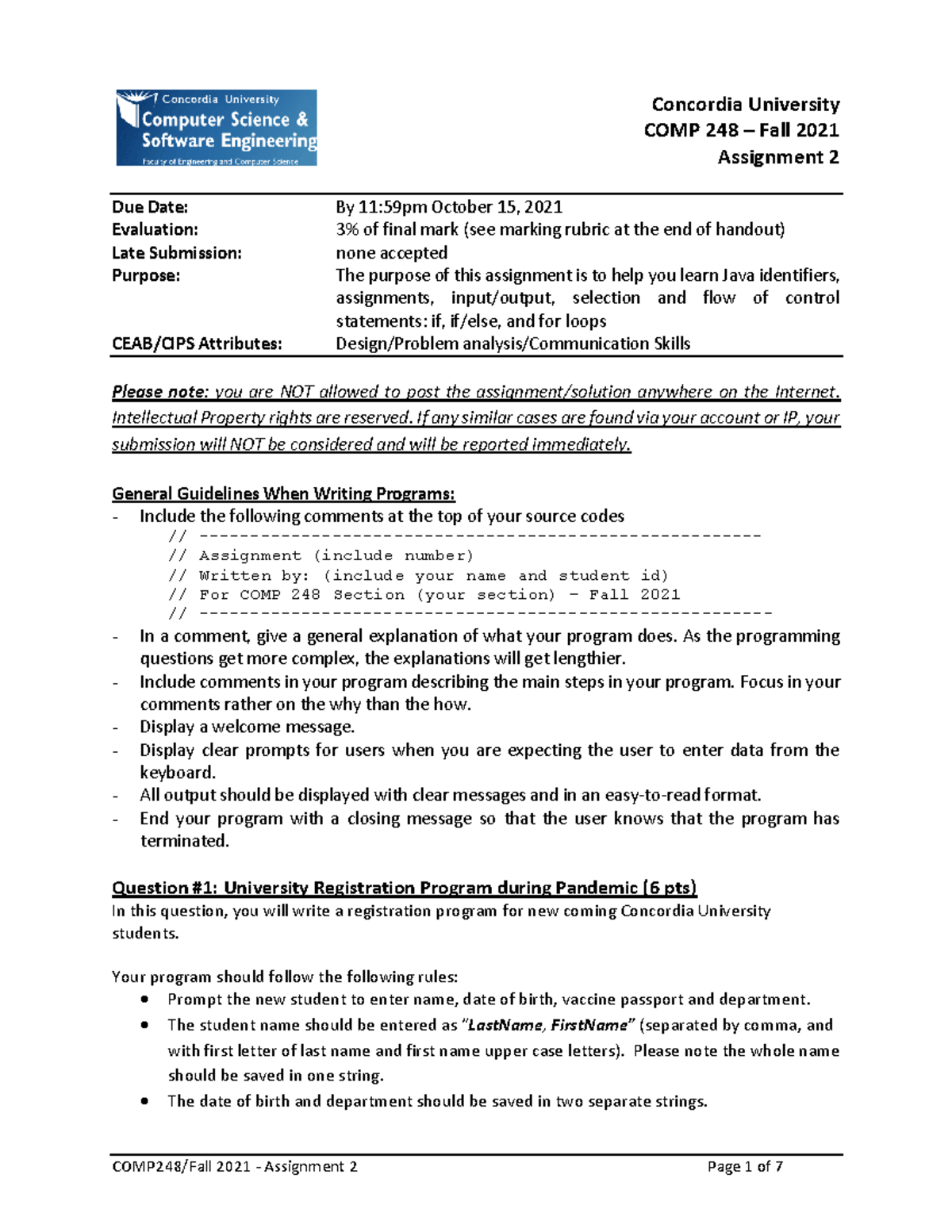 Comp248 A2 2021f Assignment 2 Concordia University Comp 248 Fall 2021 Assignment 2 Due
