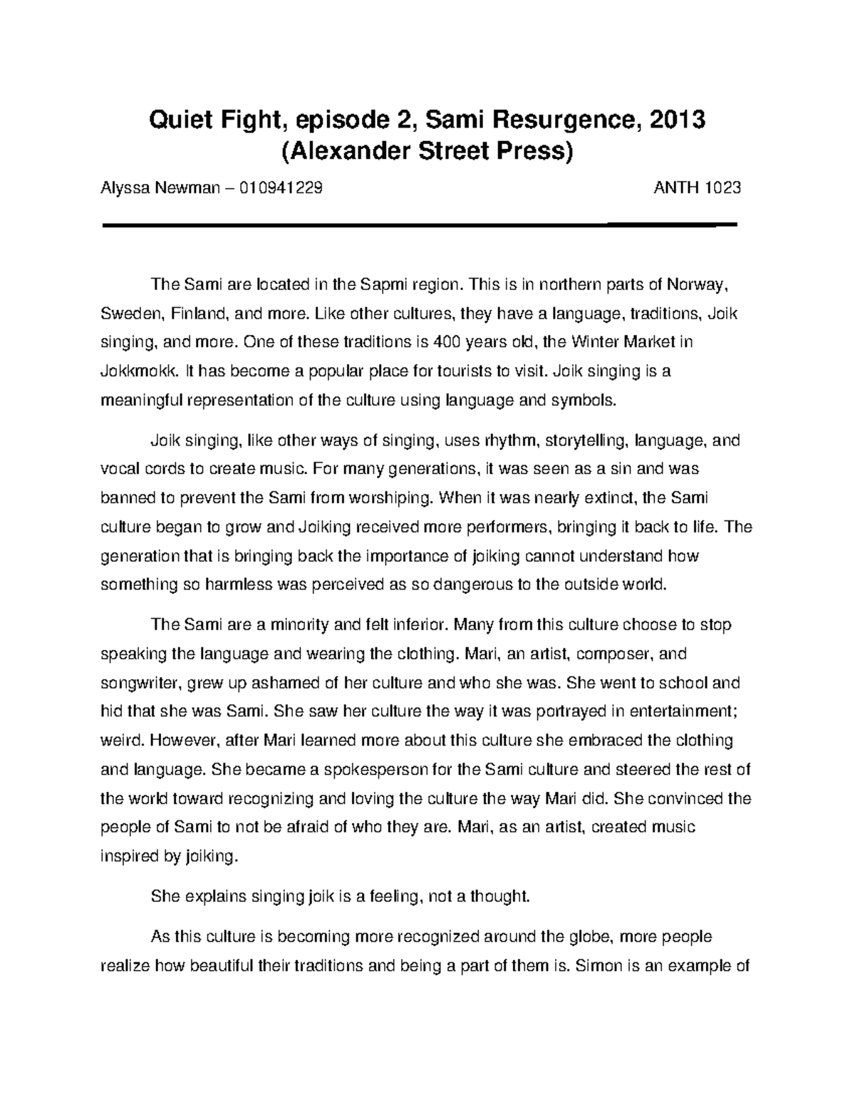 ANTH extra credit - Quiet Fight - Quiet Fight, episode 2, Sami ...