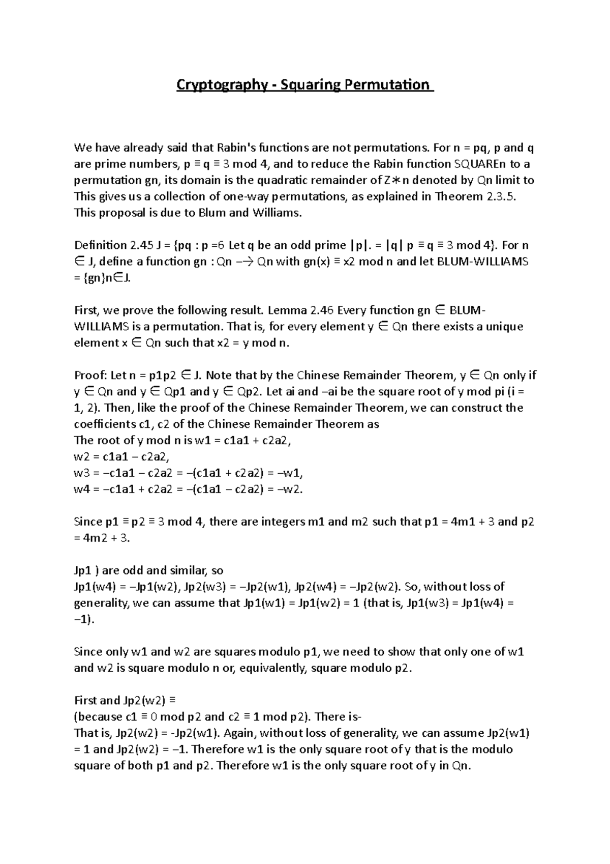 Cryptography - Squaring Permutation - For n = pq, p and q are prime ...