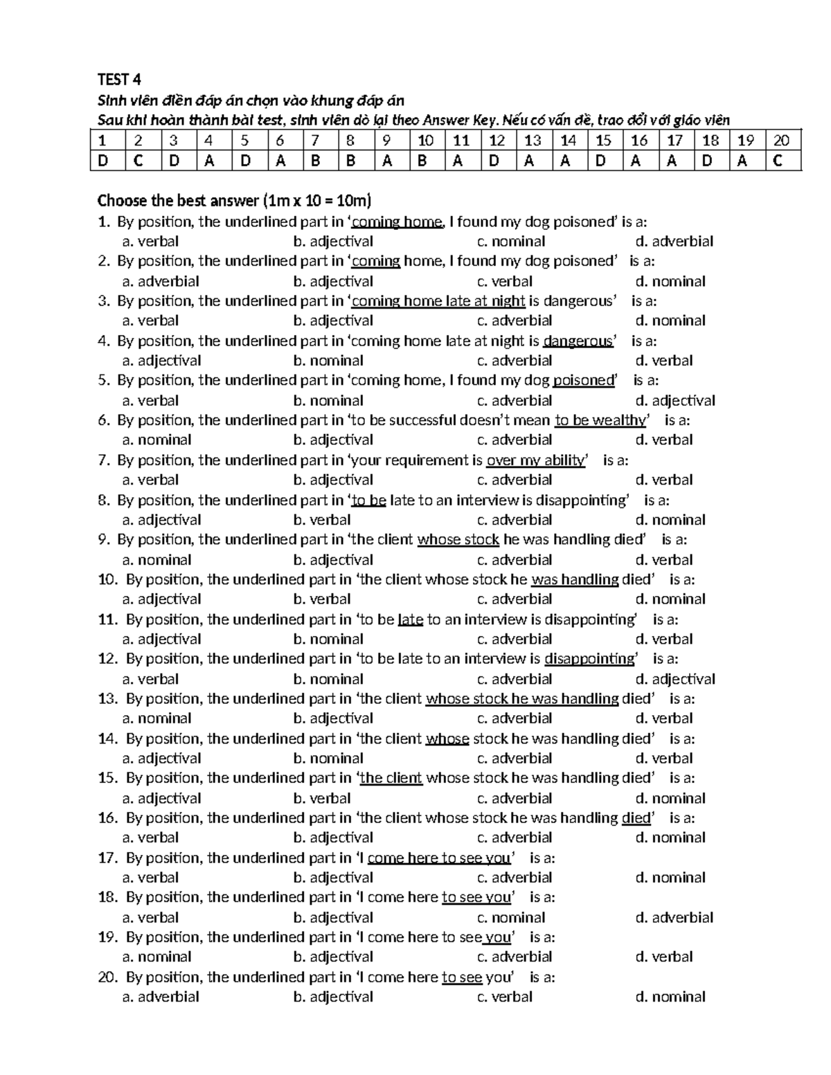 Syntax Test 4 - TEST 4 Sinh viên điền đáp án chọn vào khung đáp án Sau ...
