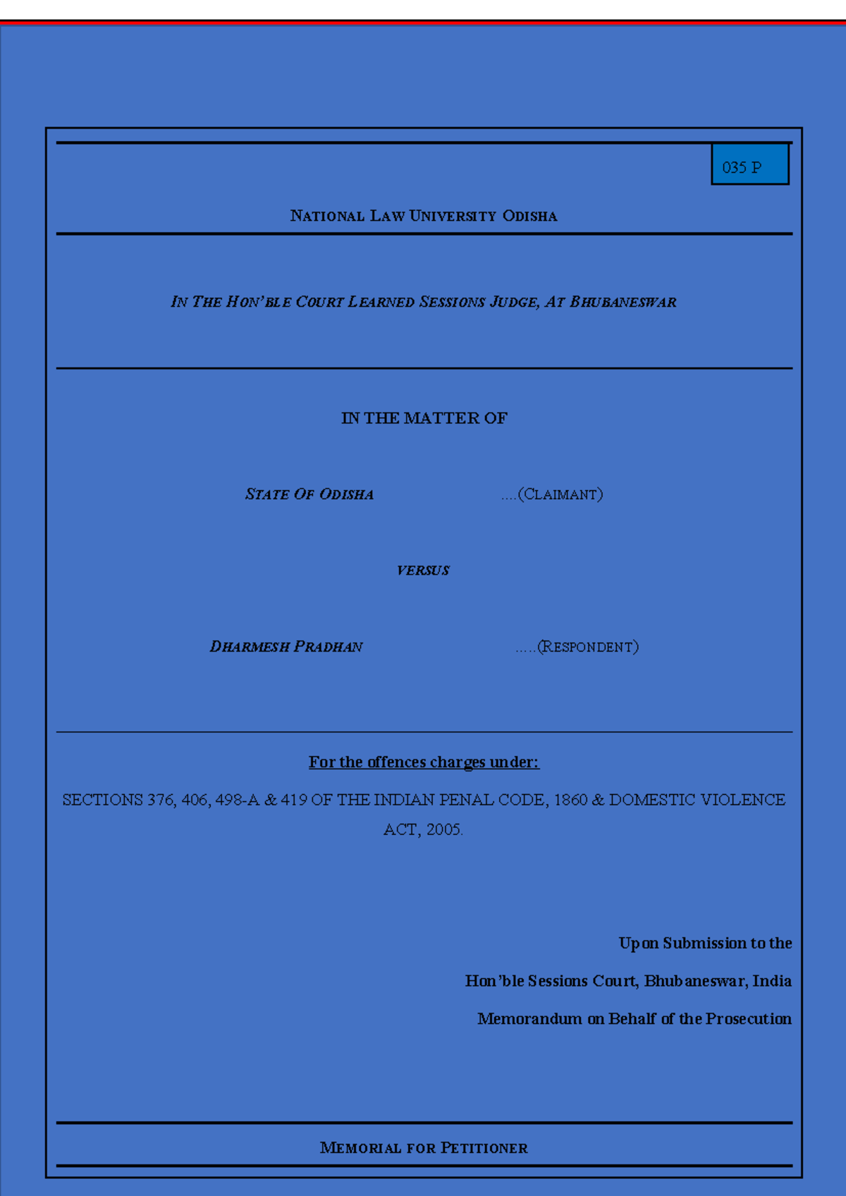 Memorial for Prosecution - MEMORIAL ON behalf OF PETITIONER STATEMENT ...