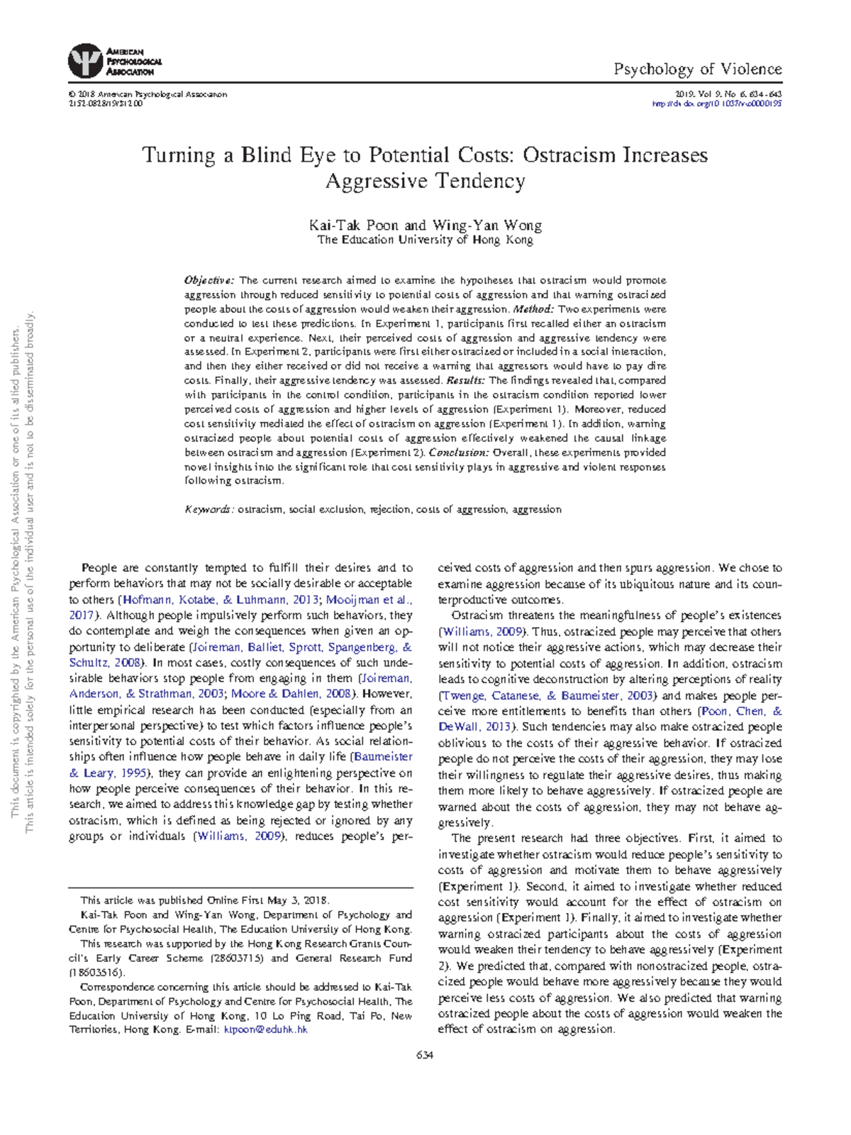 Turning a Blind Eye to Potential Costs Ostracism Increases Aggressive ...