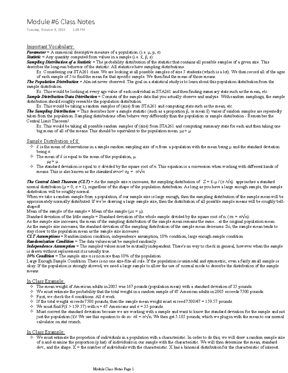 STA261 Module 6 Notes - Important Vocabulary: Parameter= A numerical ...