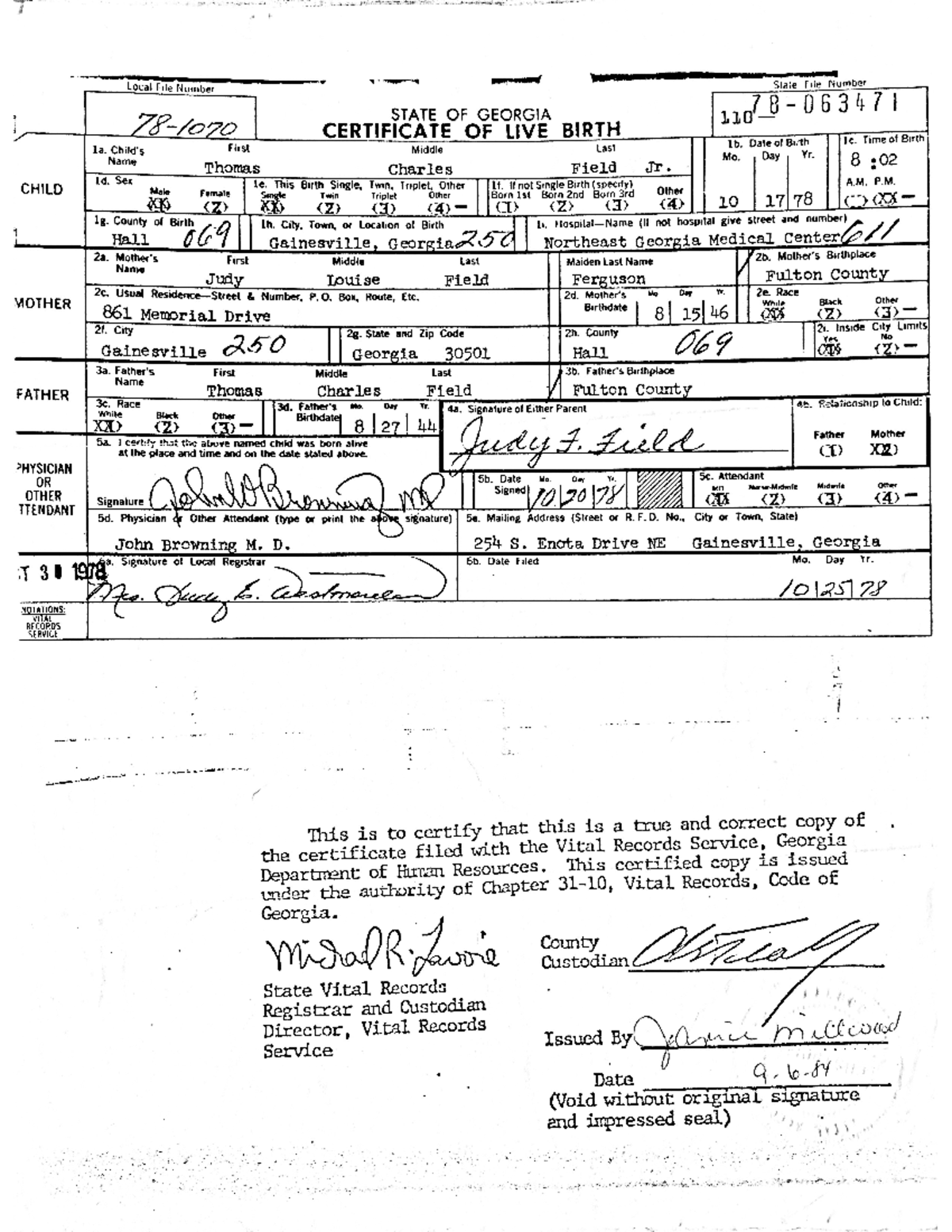Field Thomas Certificate of life birth Georgia - Local File Number ...