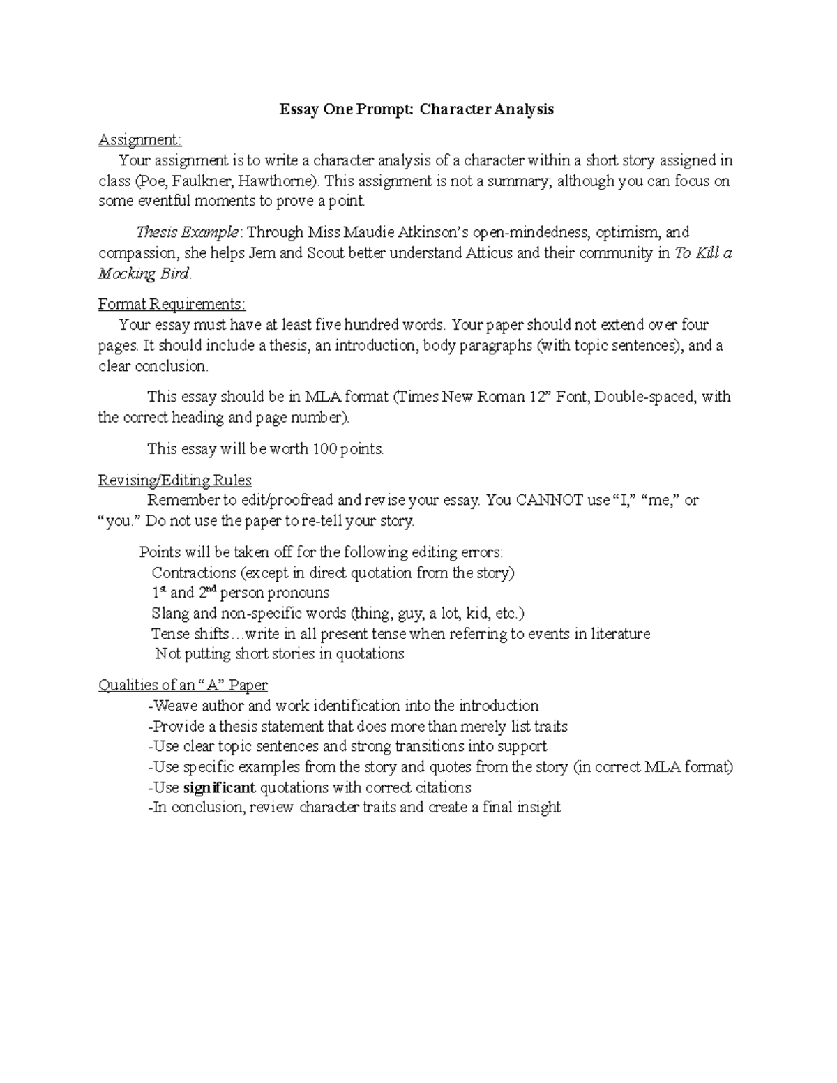 Essay 1 Requirement Sheet ENGL 102 Tech - Essay One Prompt: Character ...