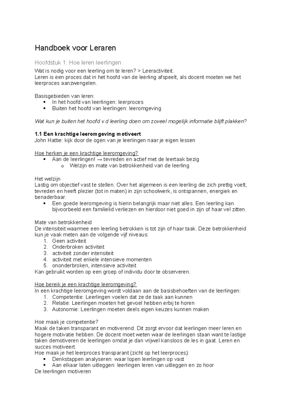 Handboek voor Leraren H1 en deel H6 samenvatting - Handboek voor Leraren Hoofdstuk 1: Hoe leren ...