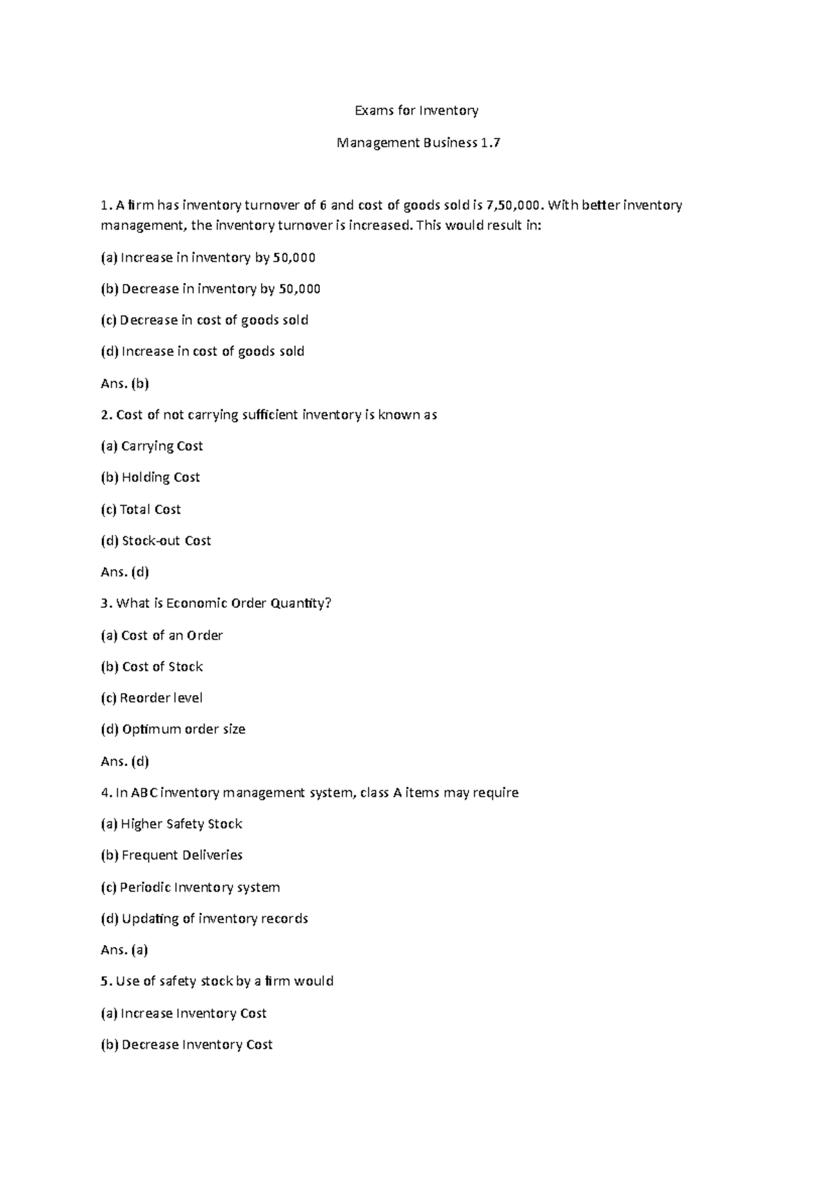Exams for Inventory Management Business 1.7 - A firm has inventory ...