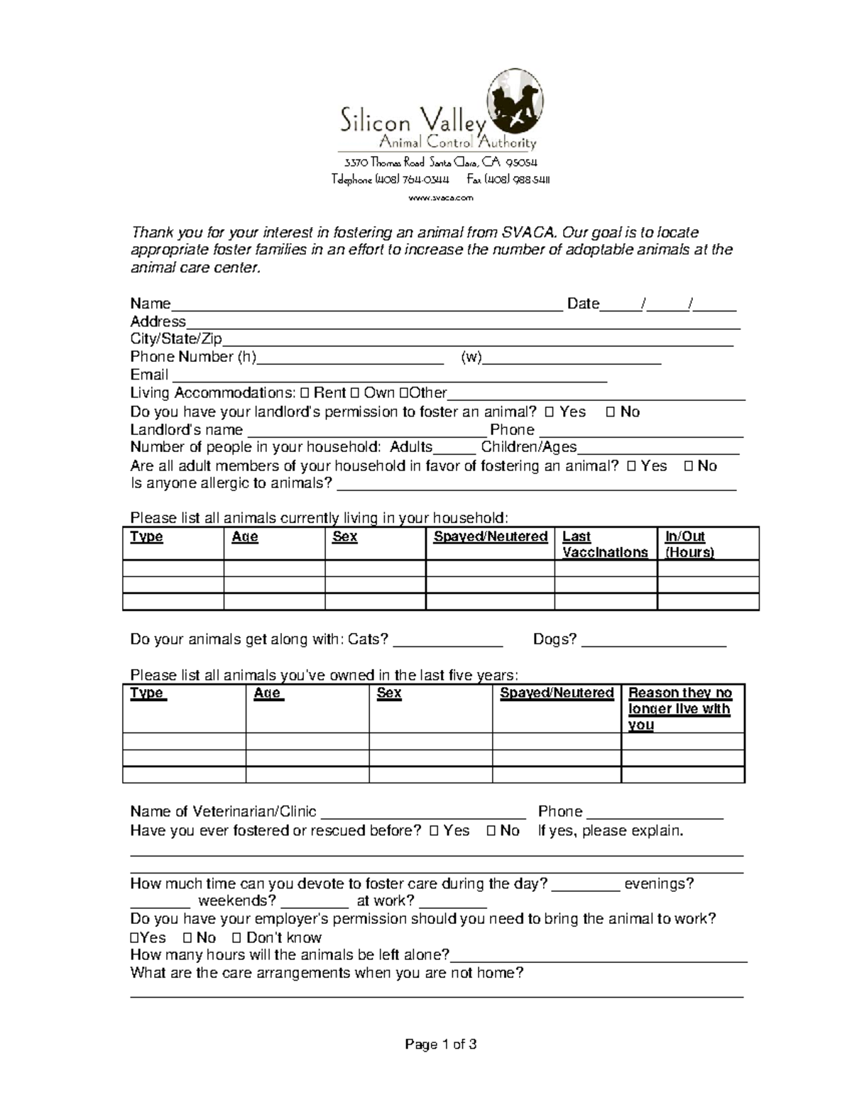 Svaca Foster Care Applicat - 3370 Thomas Road Santa Clara, CA 95054 ...