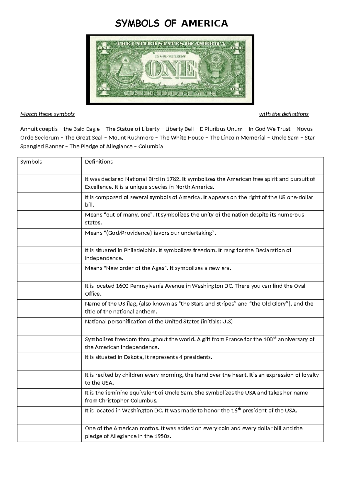 Symbols OF America matching worksheet - SYMBOLS OF AMERICA Match these ...