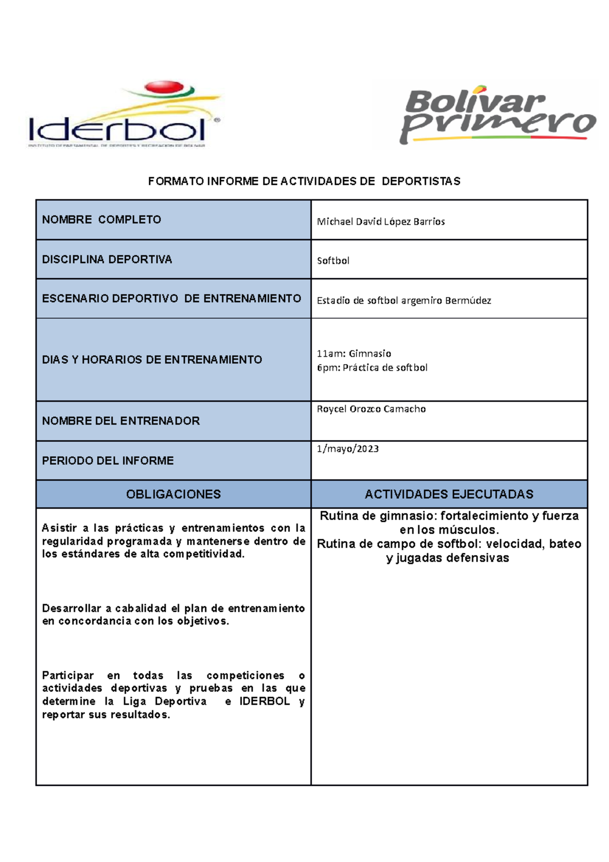 Formato Informe DE Actividades DE Deportistas - 2023 - FORMATO INFORME ...