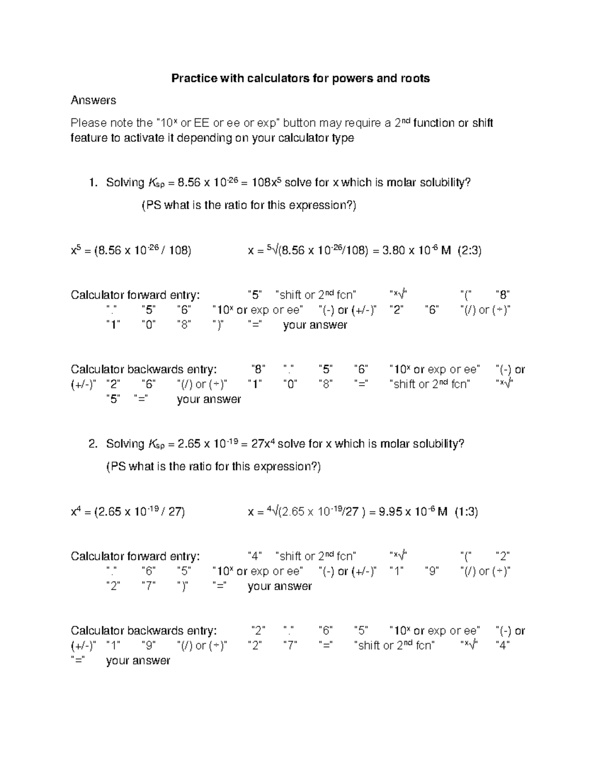 Practice with calculators for powers and roots Answers 1 - Practice ...