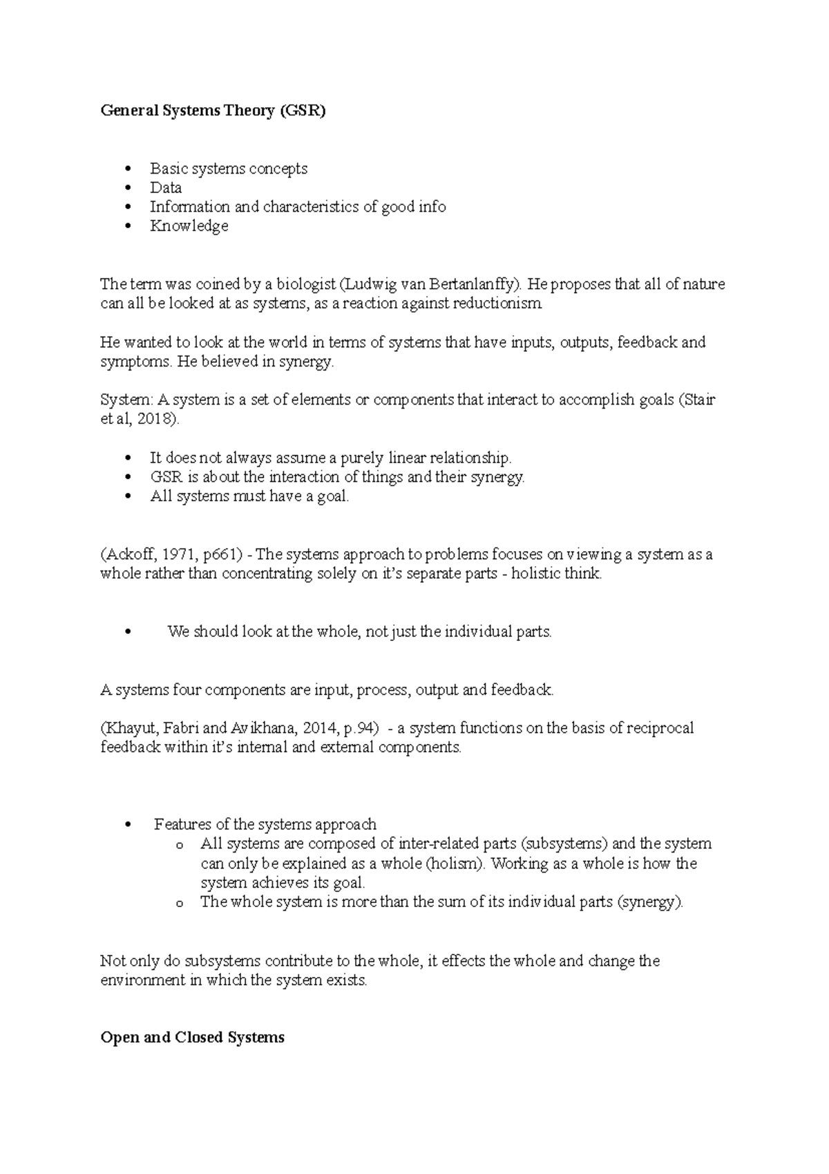 ISO Notes - General Systems Theory (GSR) Basic systems concepts Data ...