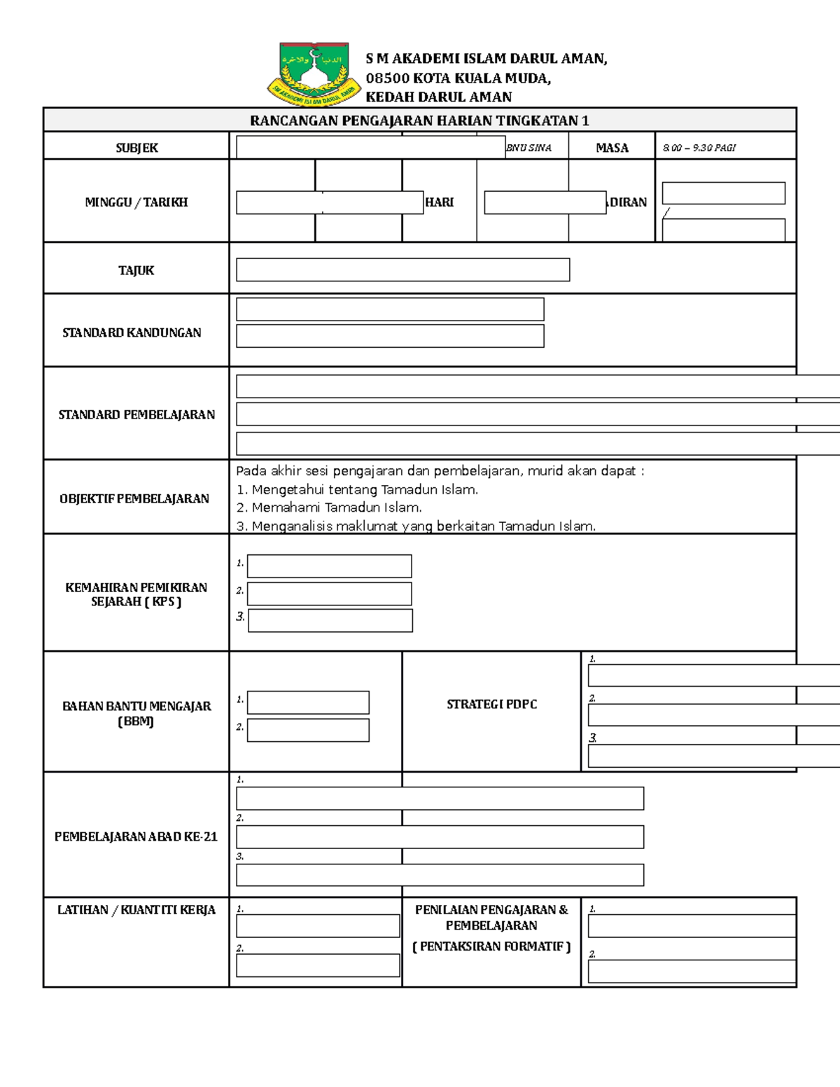 RPH Tingkatan 1, SEJ 2021 - english - Studocu