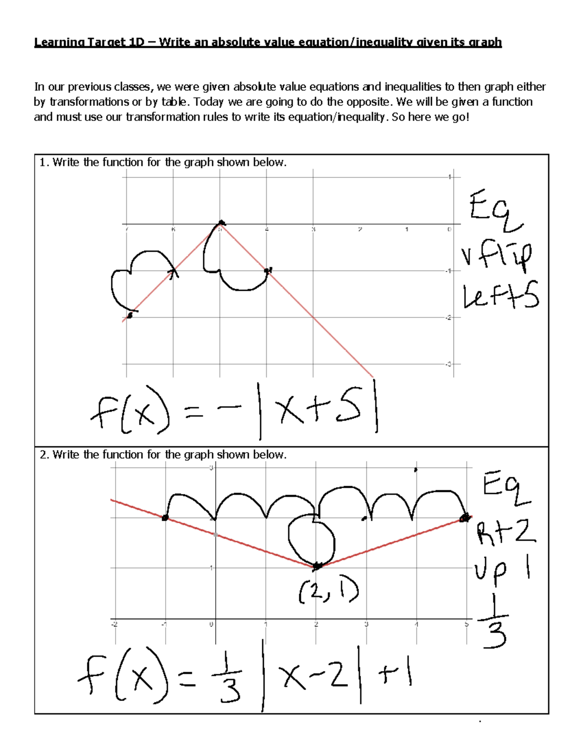 1d Filled In Notes On Writing Functions Given The Graphs Learning Target 1d Write An