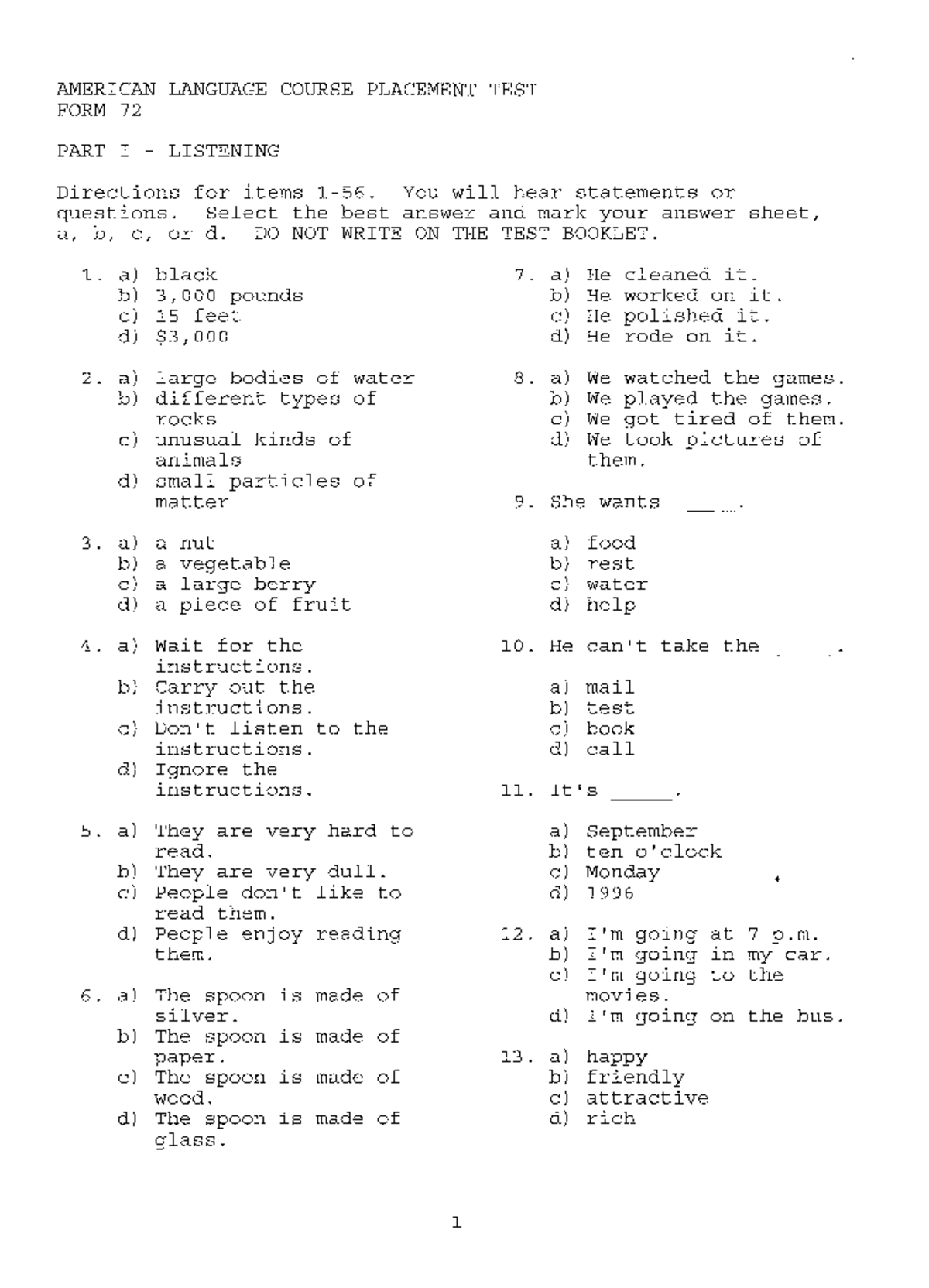 Alcpt FORM 72 - dsasd - AMERICAN LANGUAGE COURSE PLACEMENT TEST FORM 72 ...