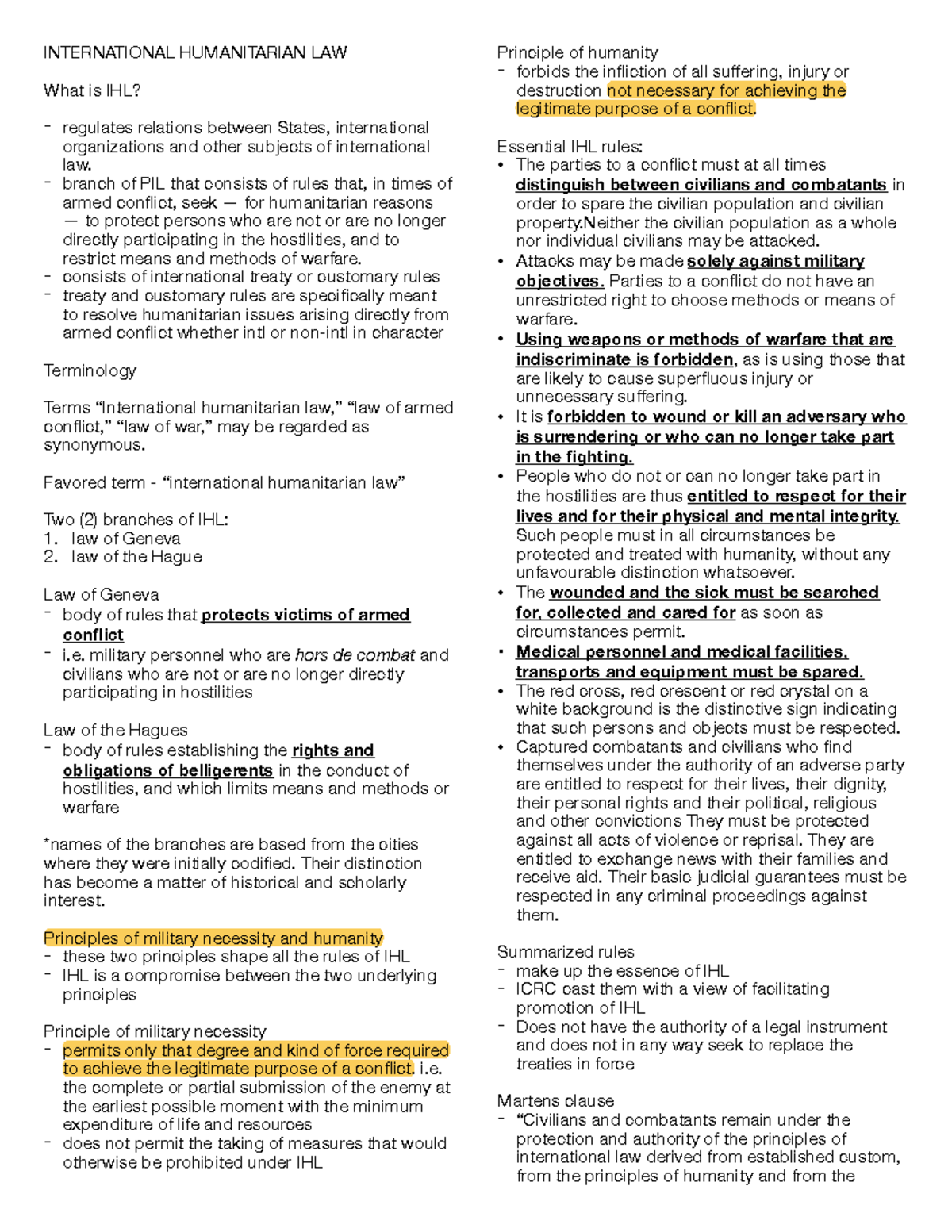 PIL-IHL - Reviewer on PIL-IHL - INTERNATIONAL HUMANITARIAN LAW What is ...