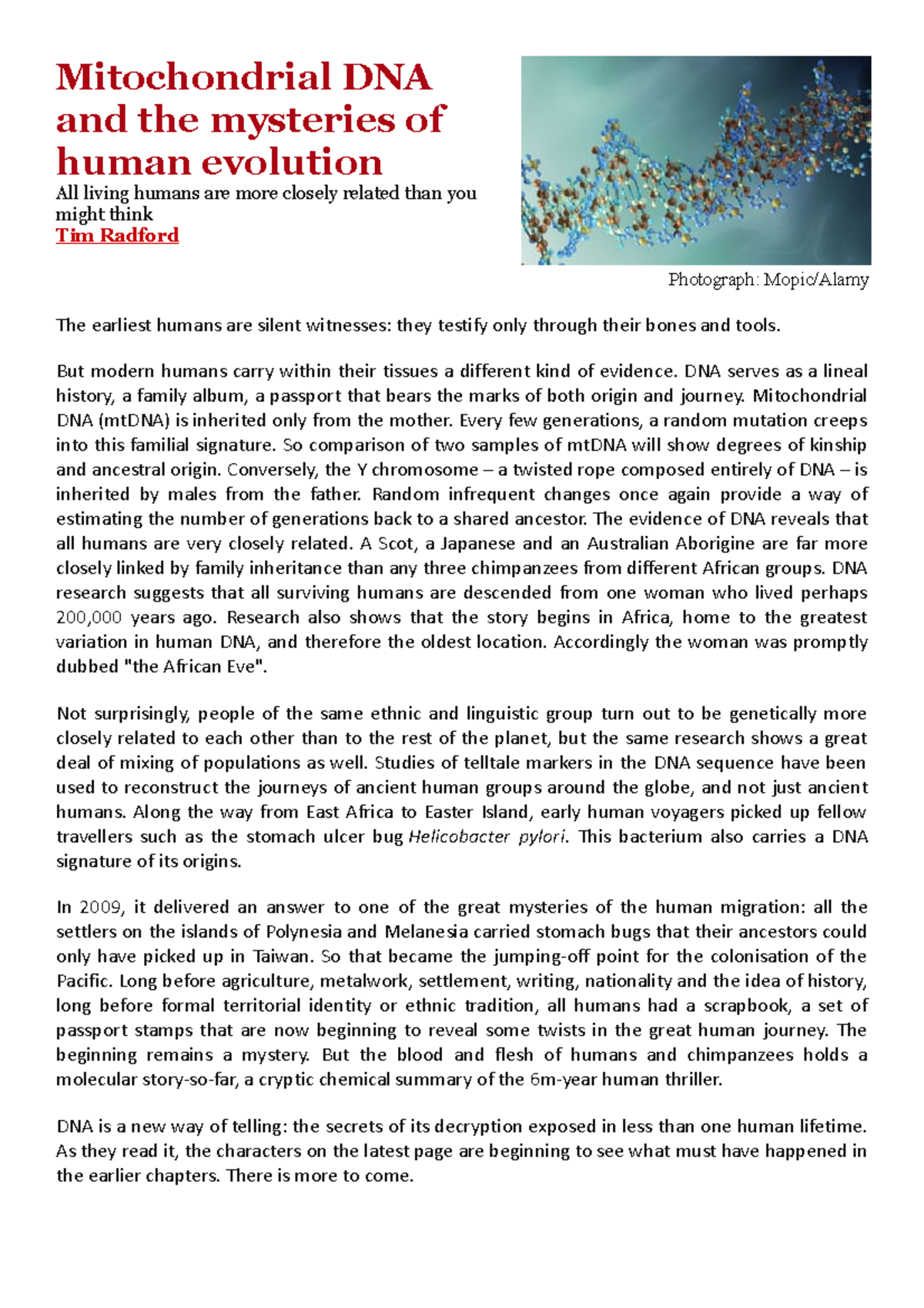 Mitochondrial DNA Easter Comprehension - Mitochondrial DNA and the ...