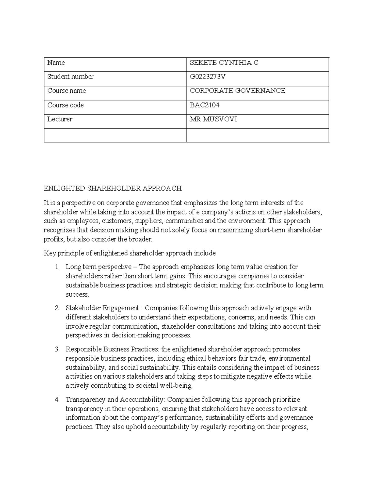Enlighted Shareholder Approach - Name SEKETE CYNTHIA C Student number ...