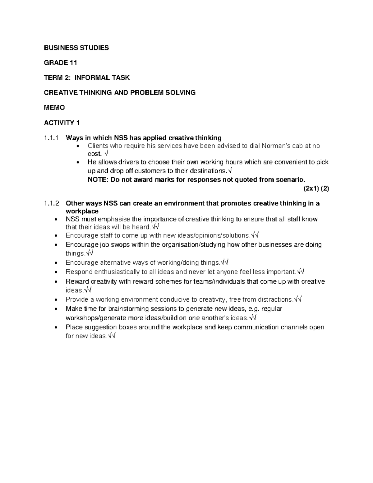 Creative-thinking-memo - BUSINESS STUDIES GRADE 11 TERM 2: INFORMAL ...