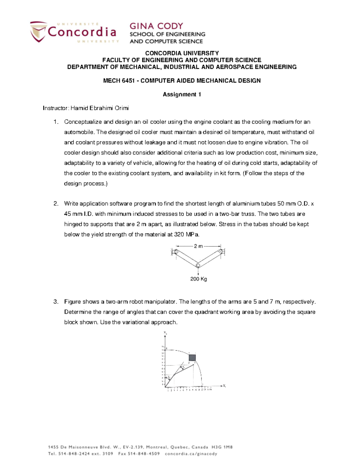 MECH 6451 Assignment 1 - CONCORDIA UNIVERSITY FACULTY OF ENGINEERING AND COMPUTER SCIENCE ...