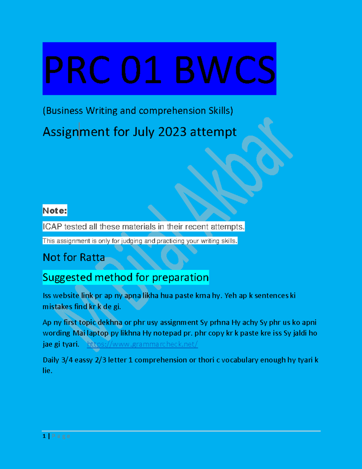 PRC 01 BWCS by Bilal Akbar july 2023 - PRC 01 BWCS (Business Writing ...