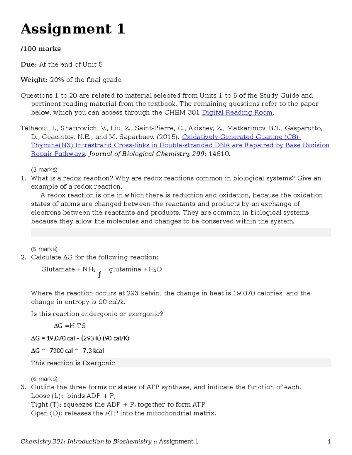 Biochem Assignment 1 - Contains questions along with answers!! Worth 20 ...