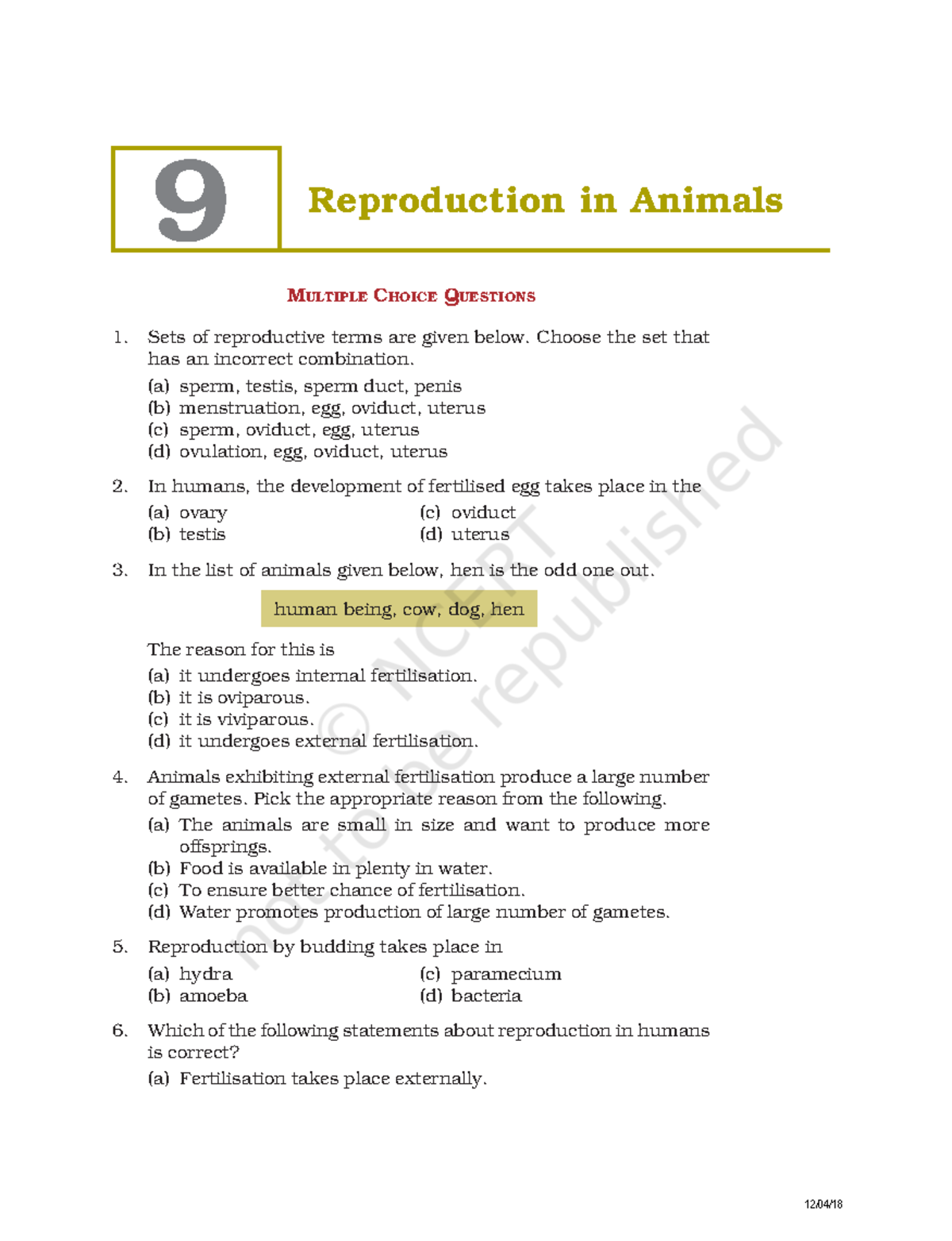 Heep109 - none - Reproduction in Animals 9 MULTIPLE CHOICE QUESTIONS ...
