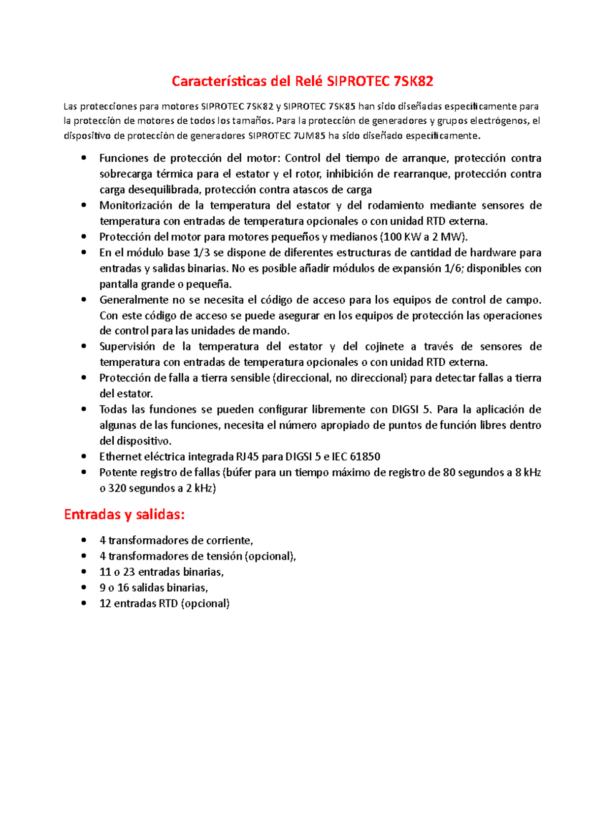 Características del Relé Siprotec 7SK82 - Características del Relé ...
